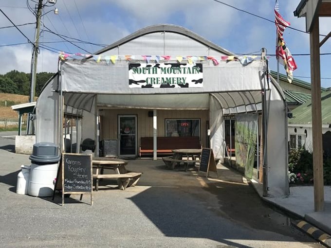 A welcoming tent that says "ice cream happens here" with all the festive bunting and picnic tables a dairy pilgrim could hope for.