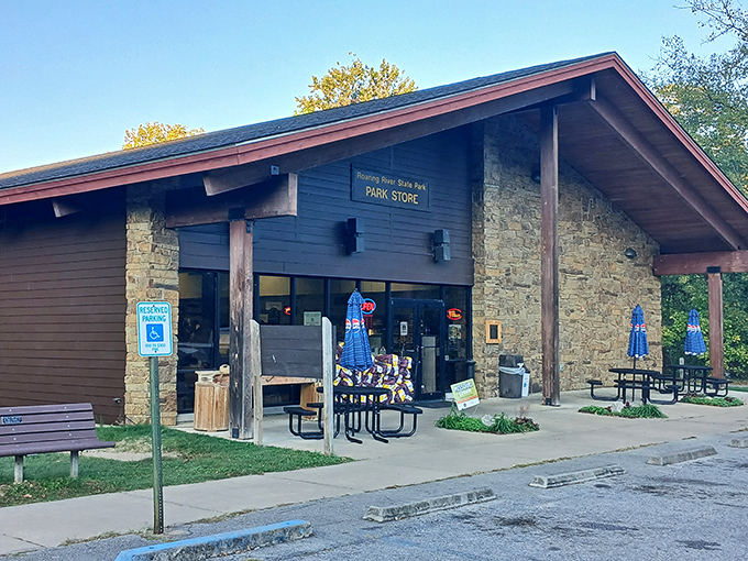 Rustic charm meets practical necessity &ndash; the park store's stone-and-timber design honors CCC craftsmanship while offering everything from fishing licenses to forgotten toothbrushes.