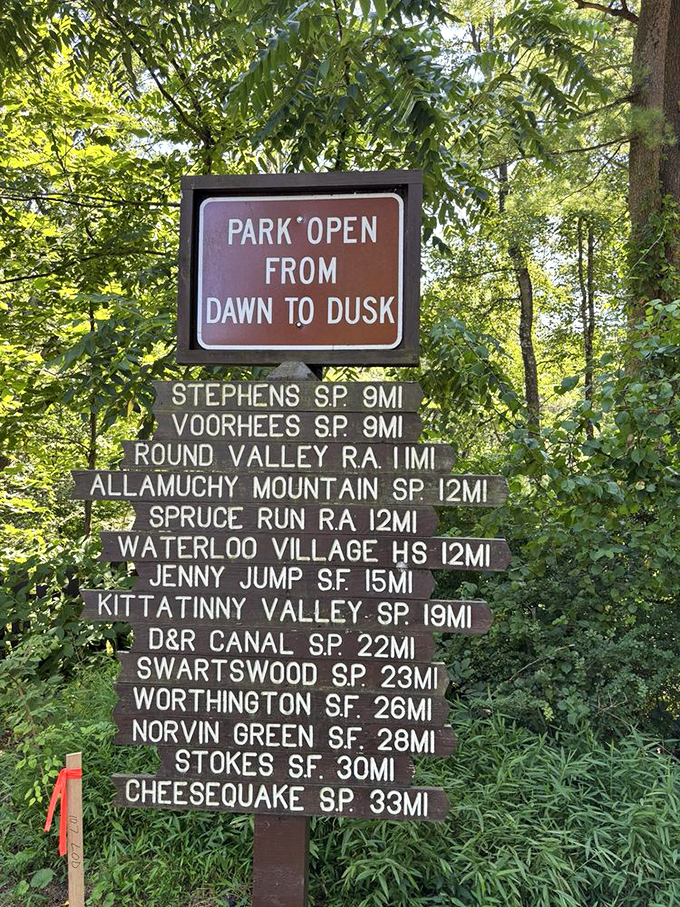 The crossroads of adventure: This helpful signpost reminds us that Hacklebarney is just one jewel in New Jersey's crown of natural treasures.