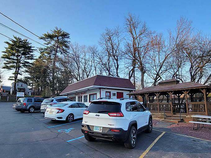 A parking lot that fills up faster than concert venues on weekend afternoons. The wooden gazebo offers refuge for those lucky enough to snag a spot.