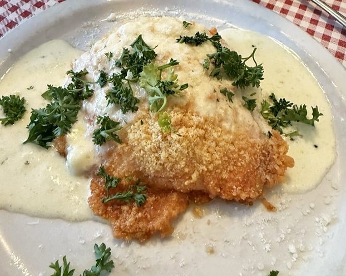 Parmesan-crusted salmon swimming in a sea of creamy sauce. That sprinkle of fresh herbs isn't just garnish &ndash; it's the exclamation point.