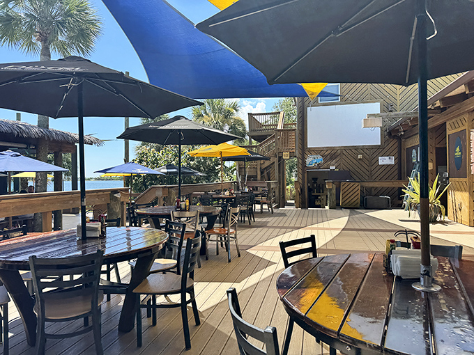 A deck that stretches toward the water like it's trying to become part of the lagoon&mdash;dining with a view isn't just an option, it's mandatory.