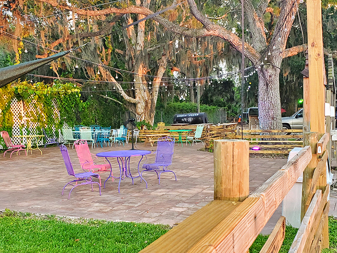 The outdoor patio offers colorful seating under Spanish moss&mdash;nature's own mood lighting for enjoying those last bites of key lime pie.