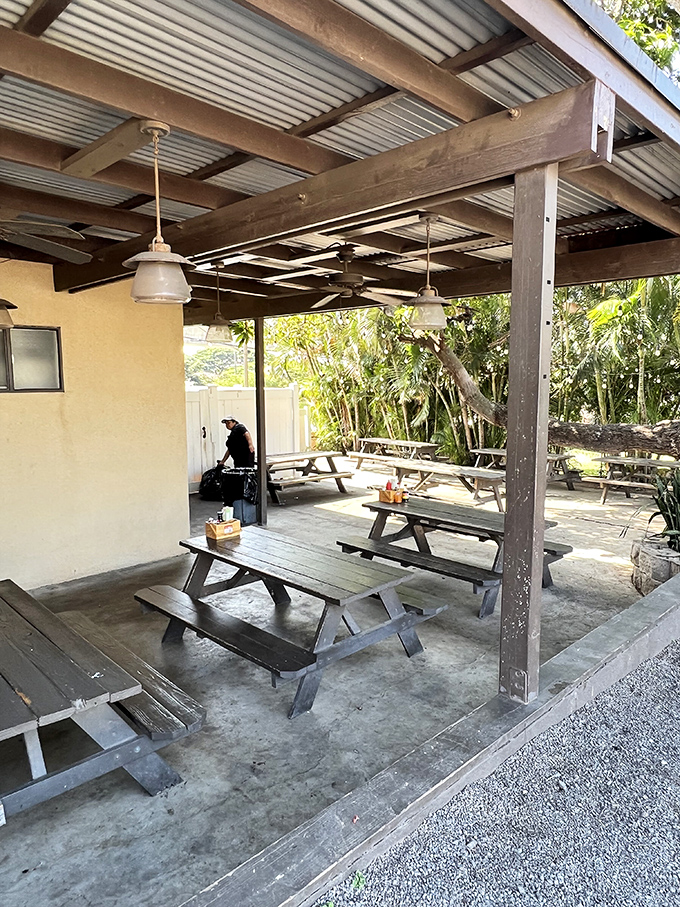 The covered patio offers a perfect spot for enjoying your meal while watching island life unfold around you.