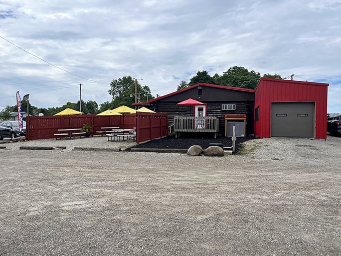 The outdoor patio offers a casual spot to enjoy your BBQ feast under cheerful yellow umbrellas when Ohio weather cooperates. 