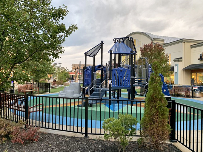 The colorful playground keeps little ones entertained while parents recover from their retail adventures nearby.