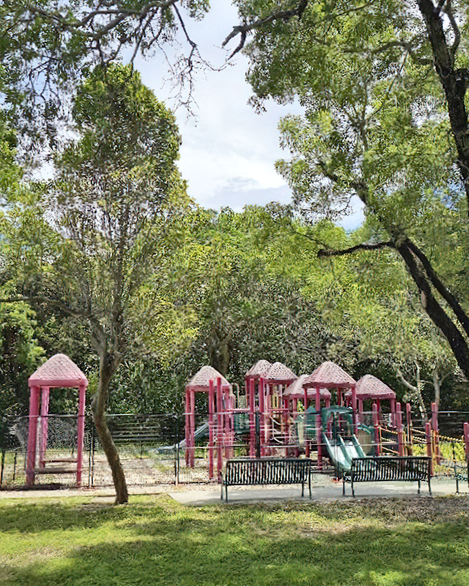 Whimsical pink playground structures peek through the trees. Childhood memories in the making, with a distinctly Florida color palette.