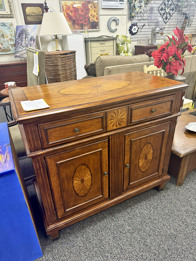 Solid wood craftsmanship with inlaid sunburst details&mdash;furniture from an era when things were built to outlast their owners. Quality that defies its thrift store price tag.