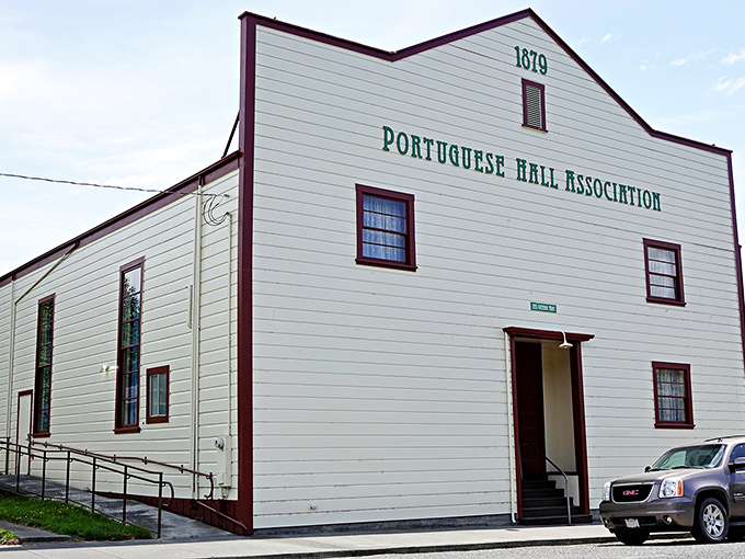 The Portuguese Hall Association building stands as testament to the immigrant communities that helped shape Ferndale's unique cultural landscape.