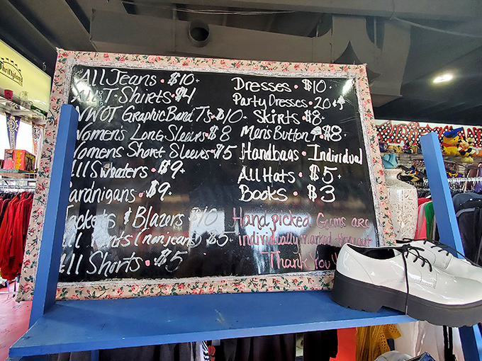 Bargain blueprint! This handwritten price board reveals the method behind the madness&mdash;where $3 books and $10 dresses make Disney dreams affordable again.