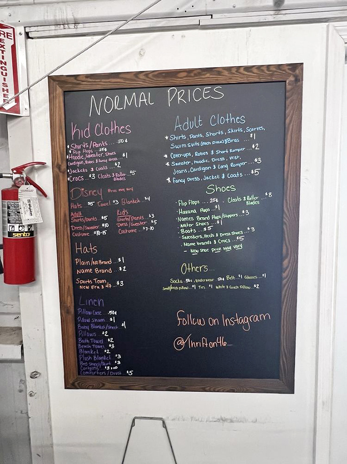 The price board reveals the true magic of thrifting &ndash; designer possibilities without the designer price tags.