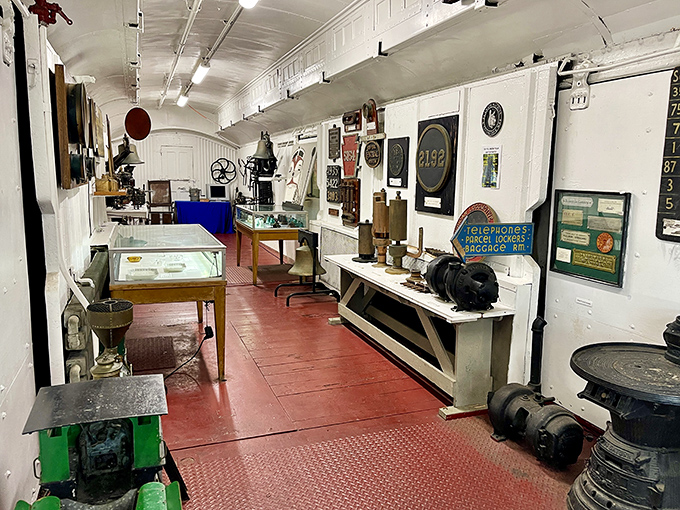 Inside this railcar exhibit, railroad artifacts line the walls&mdash;each item telling part of the story of how trains transformed American life.
