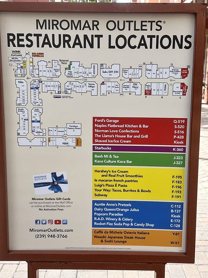 The restaurant map reveals the true marathon nature of outlet shopping – refueling stations strategically placed for maximum endurance.