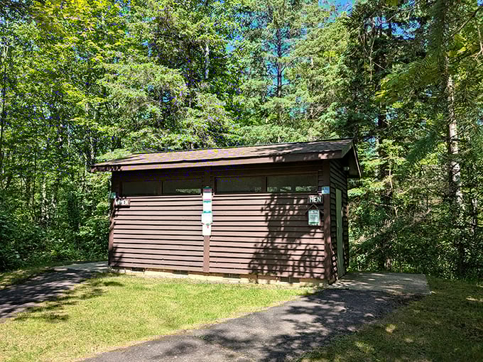 Never has a simple restroom been so welcome after a day of hiking. Practical? Yes. Photogenic against the pines? Surprisingly so.