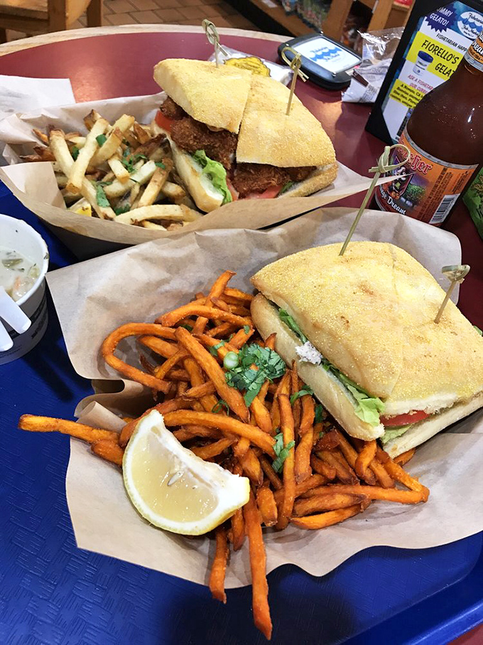 Sandwich artistry in action. Sweet seafood, fresh vegetables, and perfectly toasted bread create handheld masterpieces worth crossing county lines for.