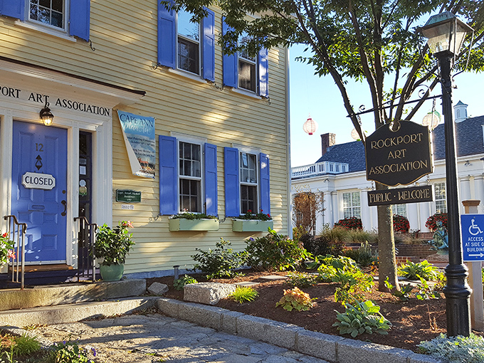 The Rockport Art Association's sunny yellow facade promises creativity inside, like a lemon drop of culture in New England's artistic heart.