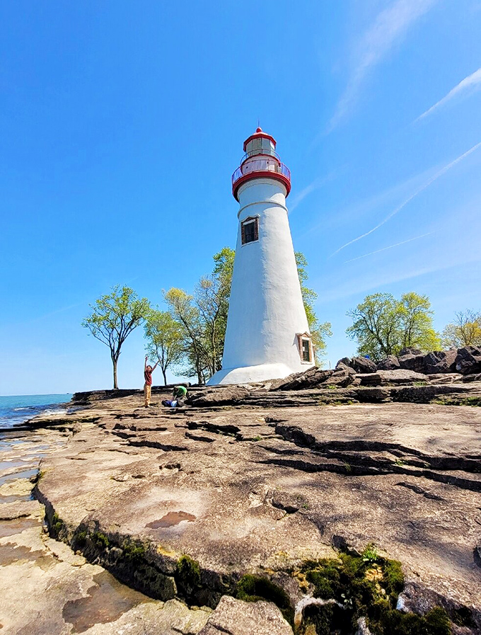 The rocky limestone shelf creates a natural stage for this Great Lakes star, where visitors can feel the spray of Lake Erie at their feet.