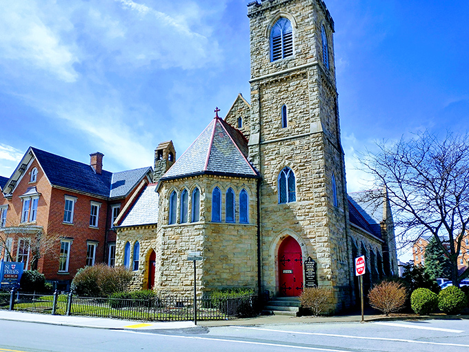 Faith carved in stone! St. Peter's Anglican Church reaches skyward with its impressive tower, a spiritual landmark that anchors the community in tradition.