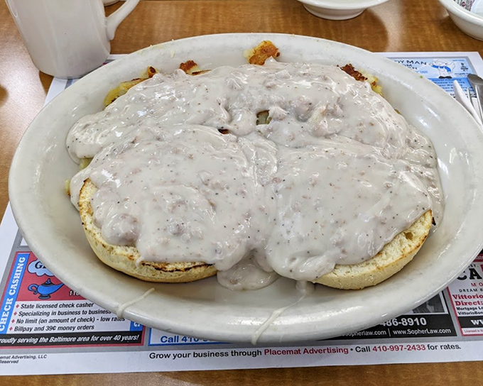Biscuits smothered in sausage gravy &ndash; the breakfast equivalent of wearing your comfiest sweatpants in public and not caring who sees. 