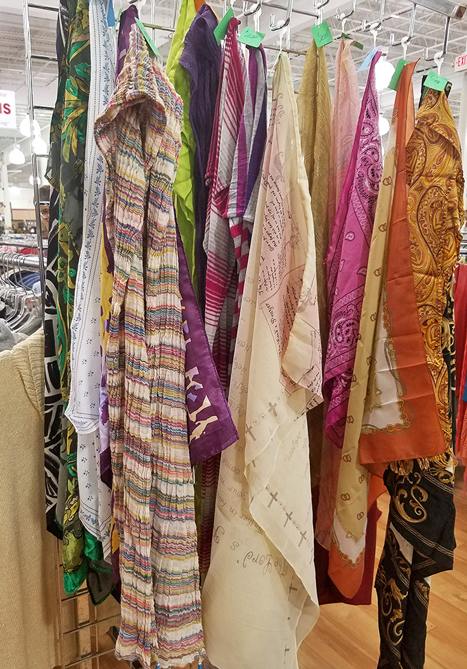 Silk scarves dance with color and pattern &ndash; instant glamour hanging in wait for necks, handbags, and creative home displays.