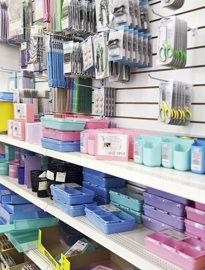 Office supplies stretching endlessly&mdash;pens, organizers, and storage solutions making work-from-home dreams achievable and tidy.