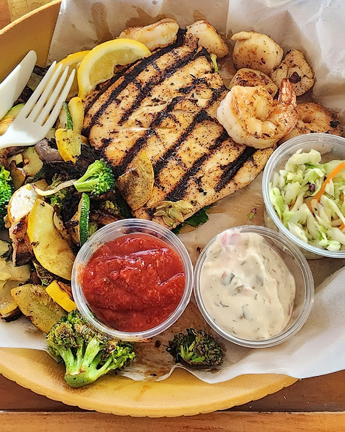 A seafood platter that tells the story of the Gulf in one bite&mdash;grilled fish, plump shrimp, and vegetables that actually taste like vegetables. 