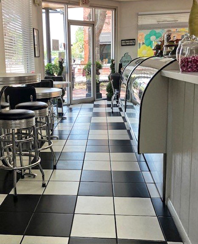 The counter view invites you to linger, where chrome stools and checkered floors channel a sweeter version of Edward Hopper's "Nighthawks."