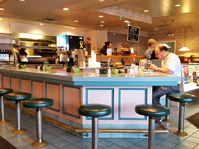 Classic diner counter seating: where solo diners become temporary neighbors and the coffee is always within arm's reach.
