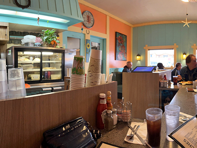 Pastel walls and vintage fixtures create that perfect small-town diner atmosphere where coffee refills and friendly service are always guaranteed.