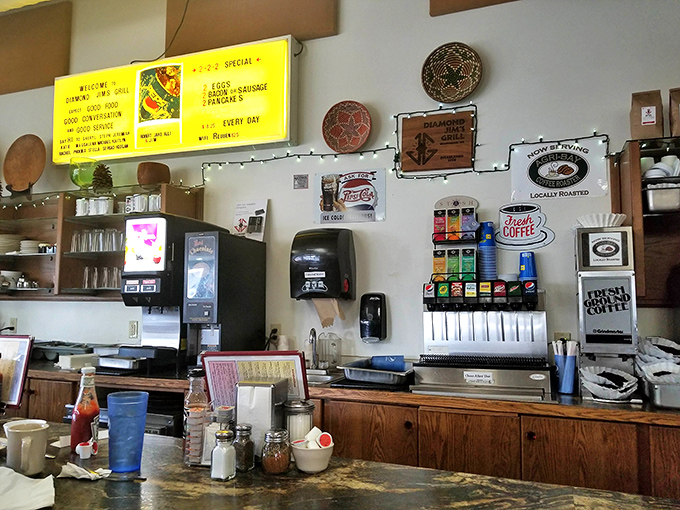The wall displays and coffee station tell stories of community connections &ndash; this isn't just a restaurant, it's a neighborhood hub.