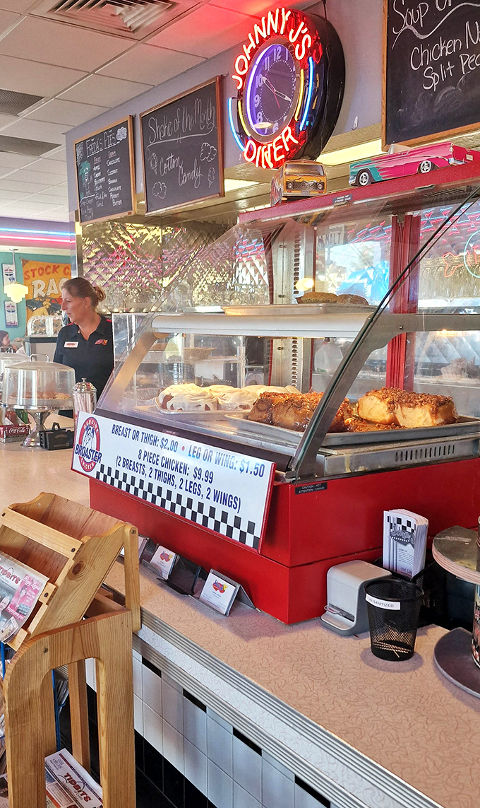 The neon clock reminds you it's always mealtime at Johnny J's, where breakfast, lunch, and dinner rules are deliciously flexible.