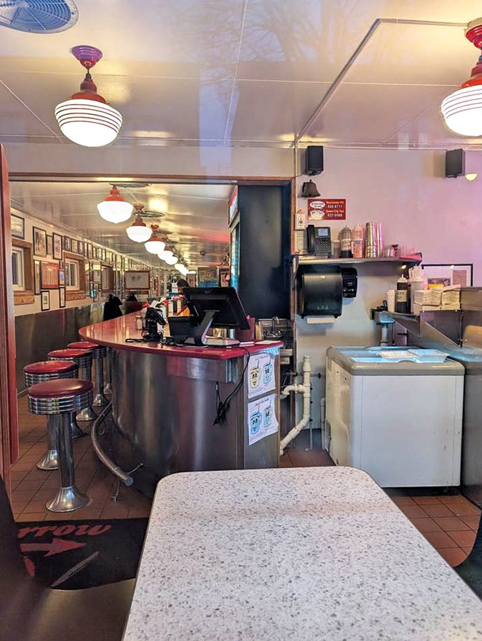 The counter view from the other side&mdash;where magic happens. This isn't just a workspace; it's a stage where breakfast dreams become reality.