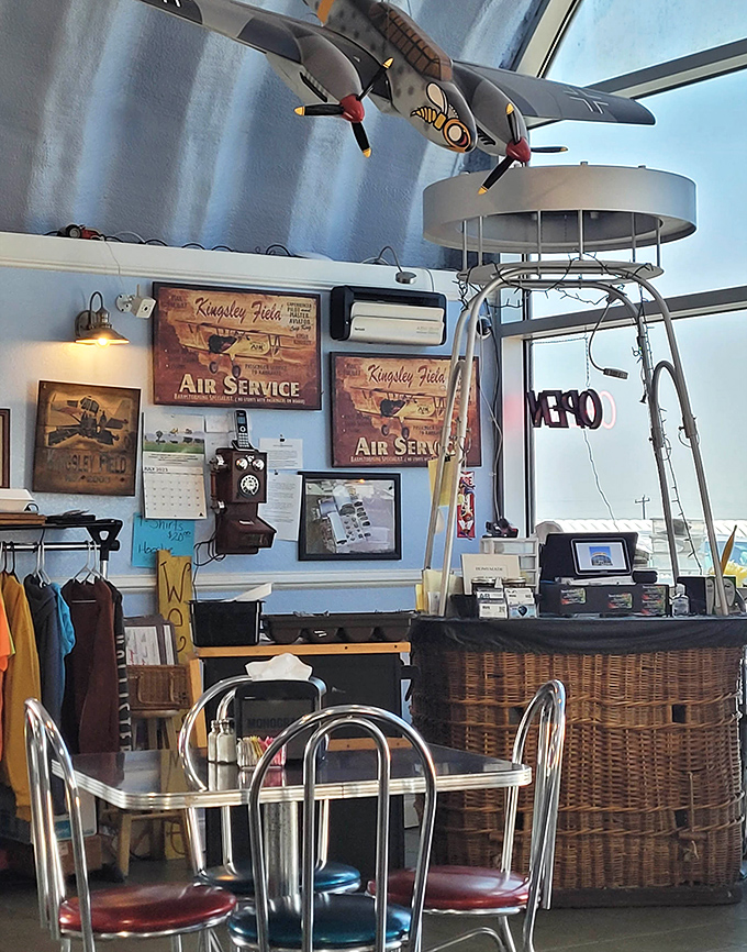 The counter area feels like a time capsule of Americana, complete with vintage air service signs and the kind of nostalgic touches that make you smile.
