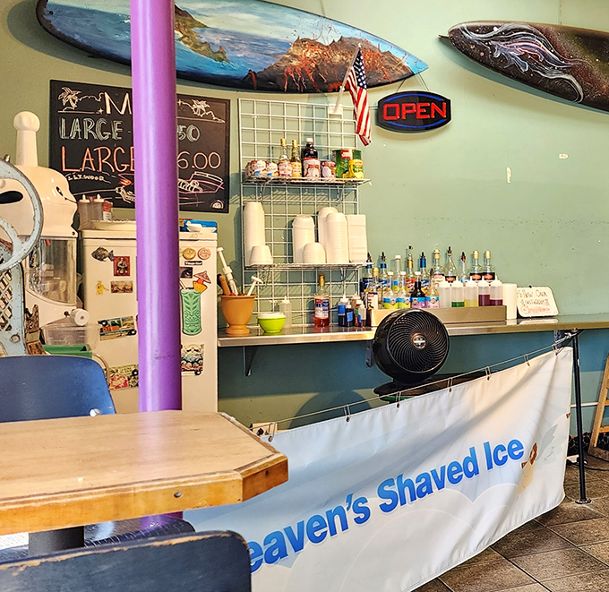 Heaven's Shaved Ice banner promises a sweet finale to your taco adventure&mdash;because sometimes dessert isn't negotiable.