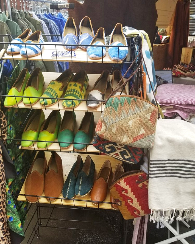 Vintage footwear arranged like a colorful timeline of fashion history. Those lime green loafers are either hideous or genius&mdash;possibly both.
