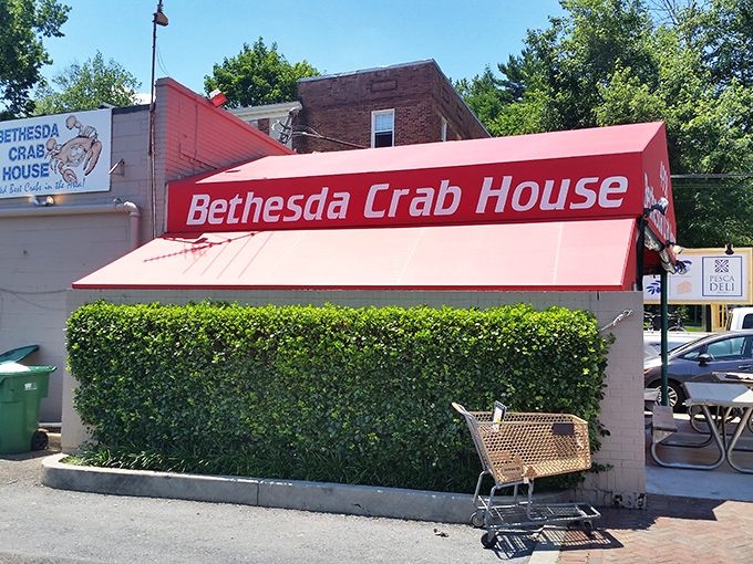 The bright red signage against white walls makes no mistake about what's important here. This place isn't hiding&mdash;it wants you to find your way to crab heaven.
