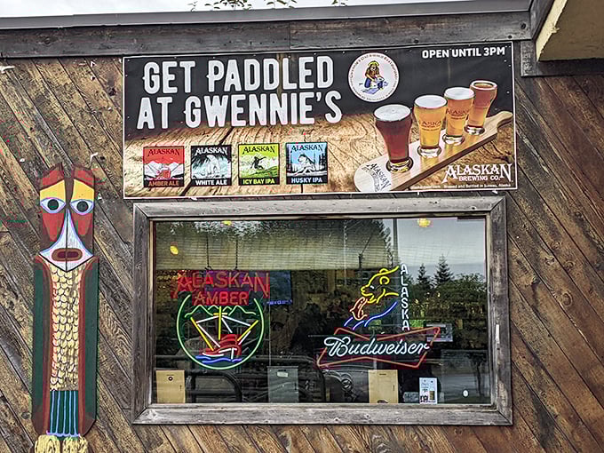 "Get Paddled at Gwennie's" promises the sign, showcasing local Alaskan brews&mdash;a temptation worth succumbing to after a hearty meal.
