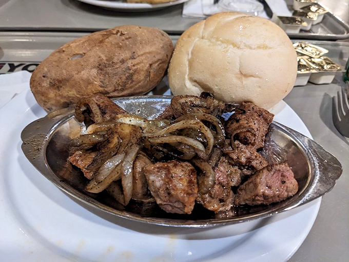 Sirloin tips with caramelized onions and two kinds of bread&mdash;because at York, no one has ever uttered the phrase "I'm watching my carbs."