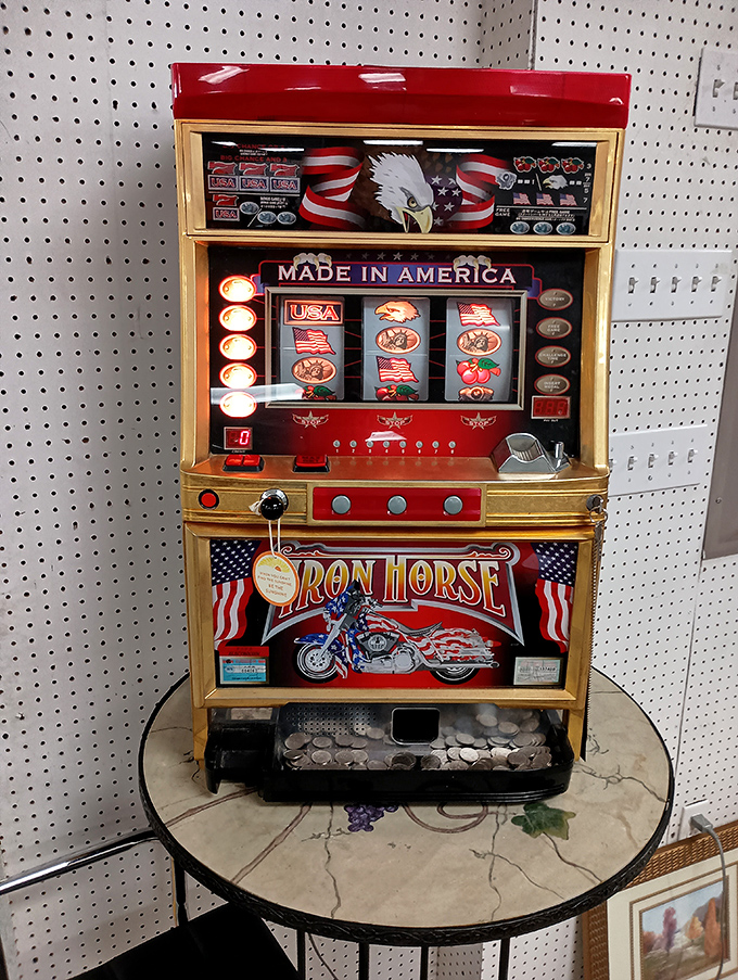 A vintage slot machine promises the American dream in miniature&mdash;just one pull away from hitting the jackpot.