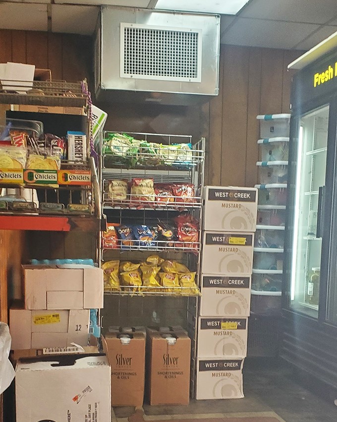 The grocery section reveals Mack's dual identity&mdash;part legendary burger joint, part neighborhood lifeline, with mustard stacked with the reverence it deserves.