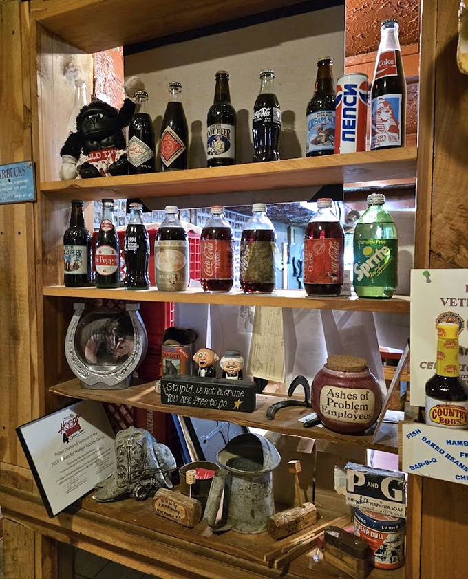 A nostalgic collection of vintage soda bottles and knickknacks that reminds you this place has stories to tell between each bite.