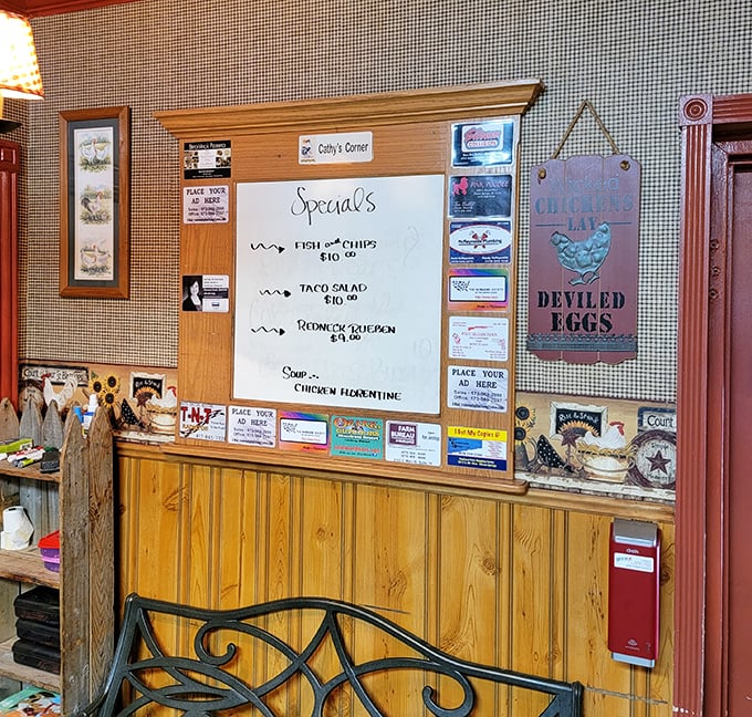 The specials board&mdash;where "Fish and Chips" and "Chicken Florentine" prove this breakfast haven has serious lunch game too.