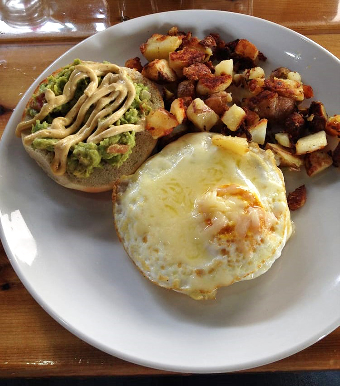 The breakfast sandwich trifecta: runny egg, creamy avocado, and those potatoes that deserve their own Michigan monument. Morning perfection achieved.