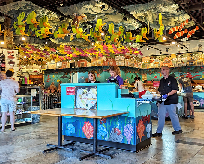 The colorful host station welcomes hungry visitors. Like the gateway to seafood paradise, it promises delicious adventures beyond.