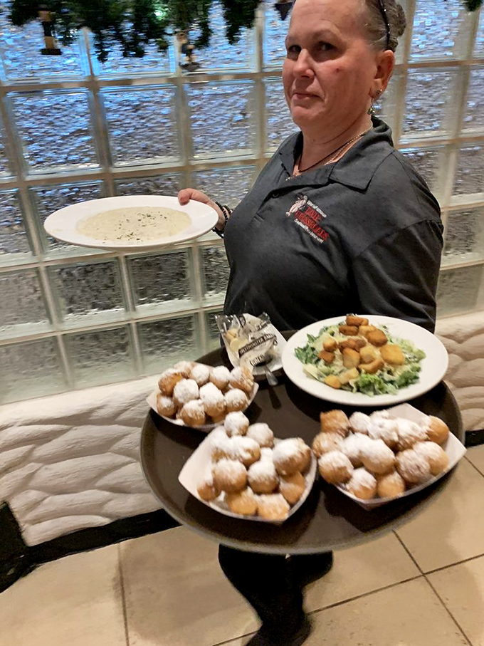 The ultimate multitasker: balancing corn fritters, salad, and soup with the skill of a culinary circus performer.