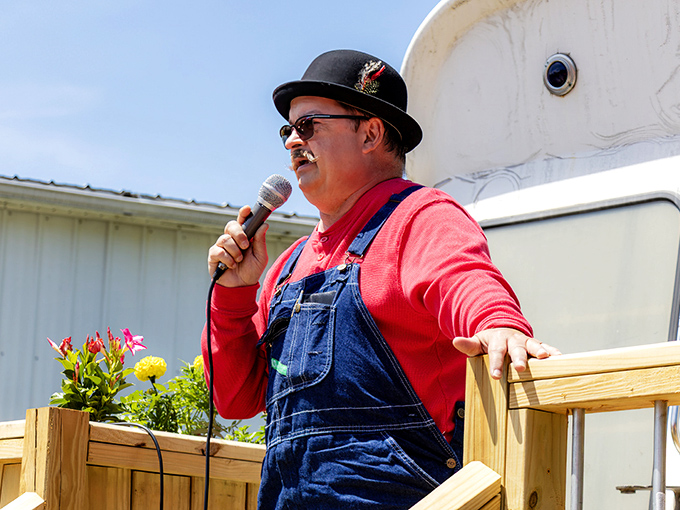 The museum's storyteller brings railroad history to life, his conductor's hat and overalls completing the immersive experience.
