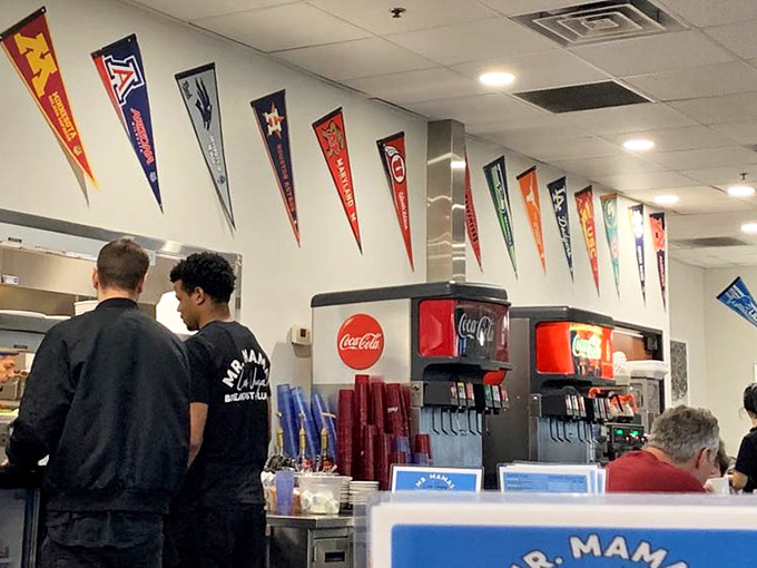 The back-of-house team, sporting their Mr. Mamas uniforms, works with the precision of casino dealers&mdash;except they're dealing in pancakes and eggs.