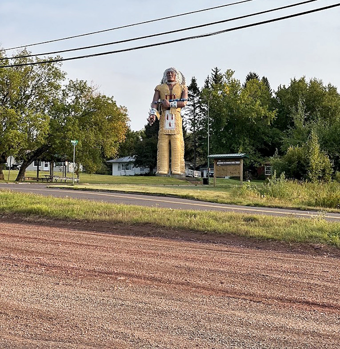 From this distance, Hiawatha appears to be keeping watch over the town, like a very specific, culturally themed superhero.