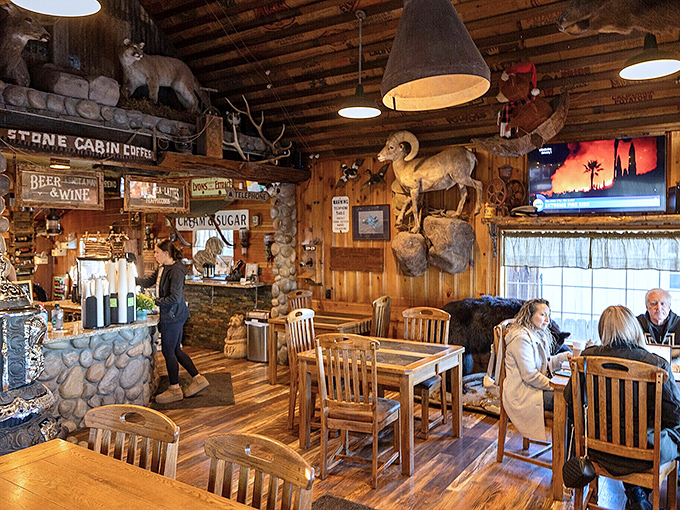 Stone Cabin Coffee's rustic interior feels like your hunting buddy's dream man cave, if your hunting buddy also made a surprisingly excellent latte.