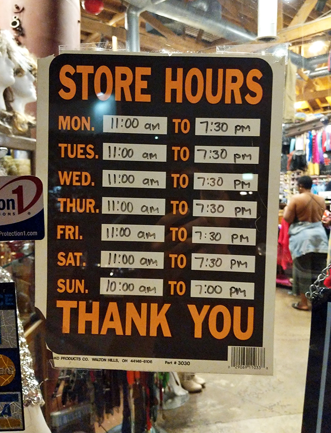 The store hours sign&mdash;a vintage hunter's most crucial information, especially when planning that pre-dawn Sunday dollar sale strategy.